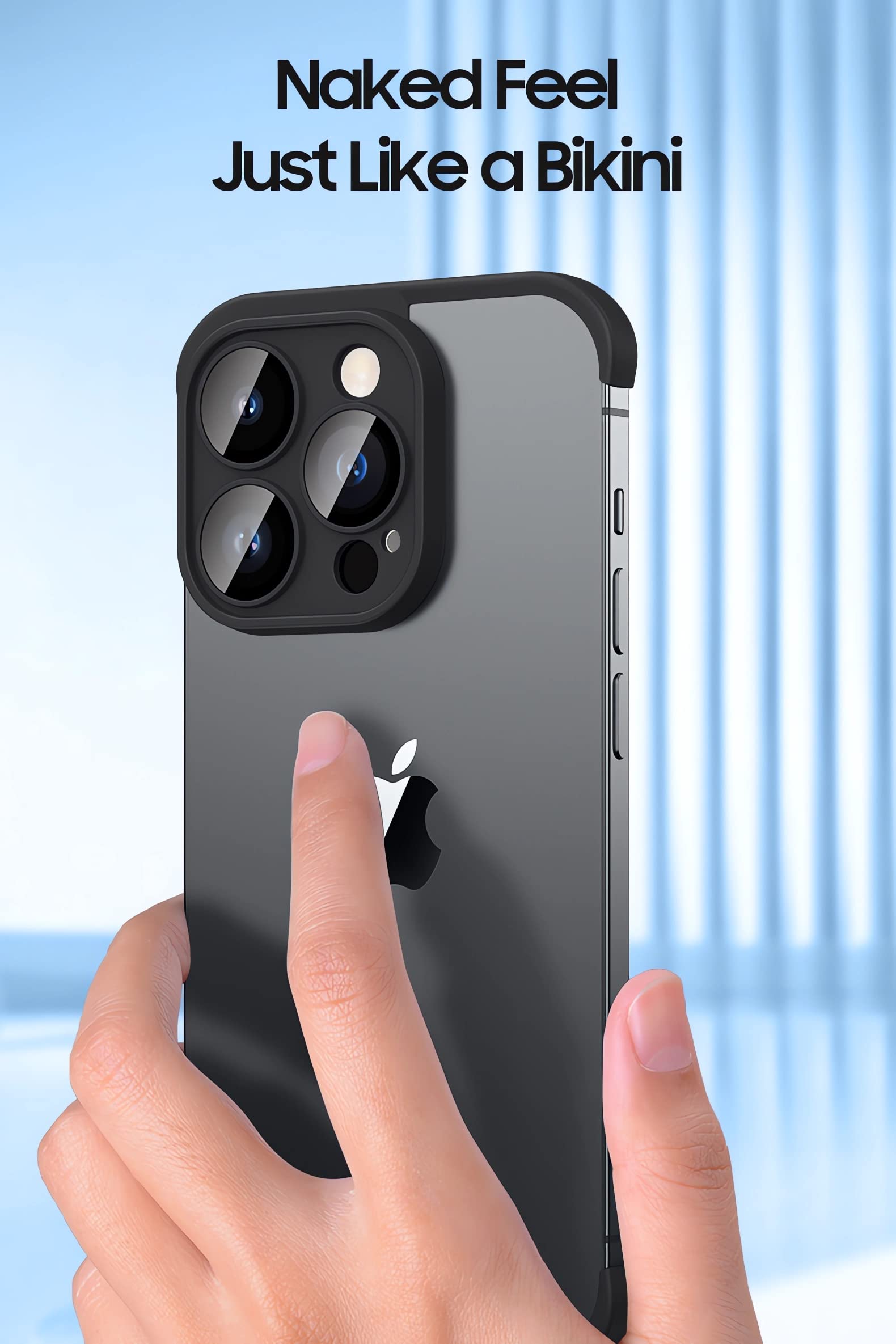 LEKEVO Frameless Fit for iPhone 15 Pro Max Bumper Case with Camera Lens Protector, Slim Soft TPU Shockproof Phone Cover, Minimalist Yet Protective Shell (Black)