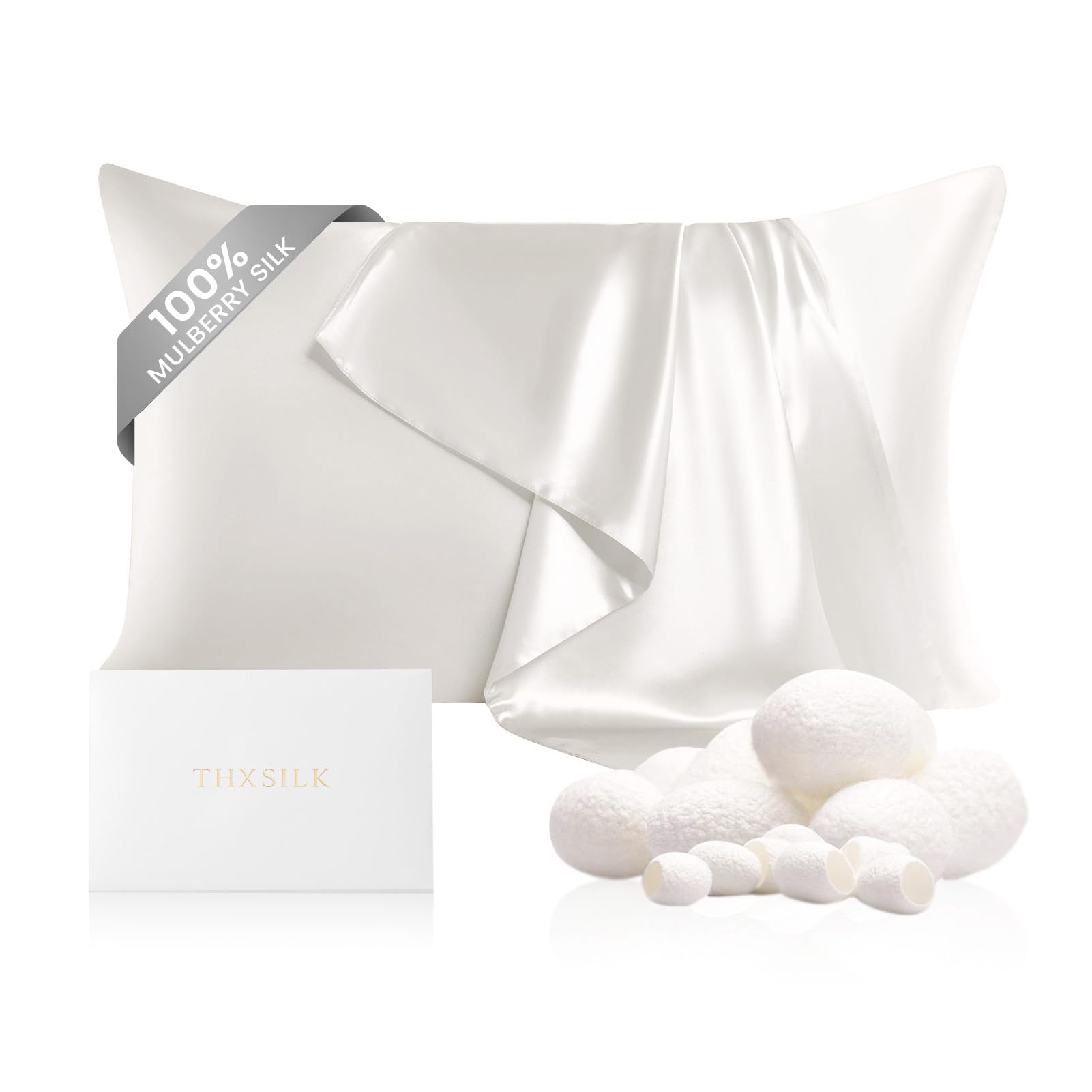 THXSILK 100% Silk Pillowcase for Hair and Skin, Both Sides Grade 6A+ 22 Momme Mulberry Silk Pillow Case with Hidden Zipper, Soft & Smooth White Pillowcase(1pc, Queen Size 20"x30")