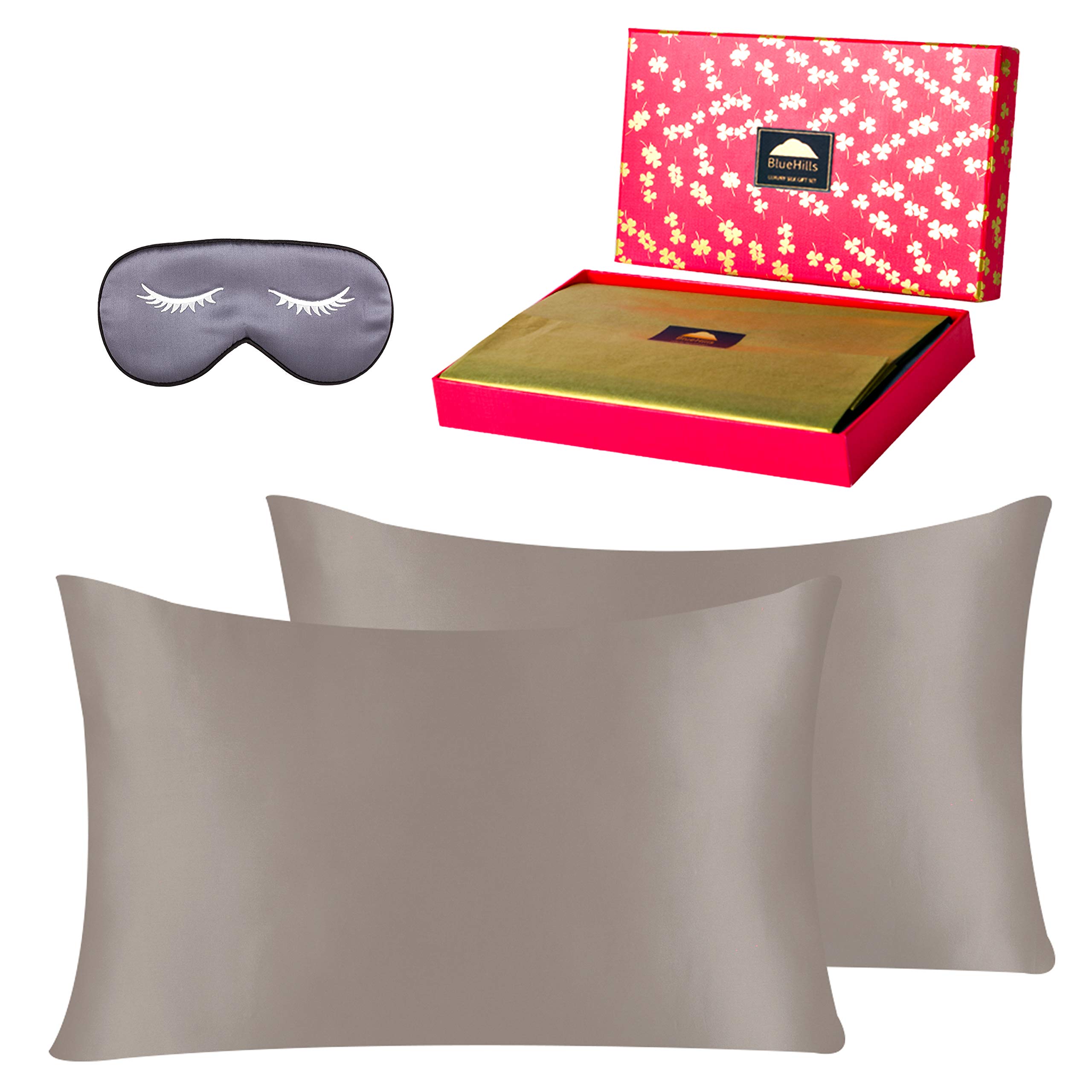 BlueHills Luxury Gift Set - 100% Pure Mulberry Natural Soft Both Sides Silk Pillowcase 2 Pack for Hair and Skin Hidden Zipper & 1 Pure Silk Eye Mask Gift Box 3 Piece Set Taupe Color Standard S023