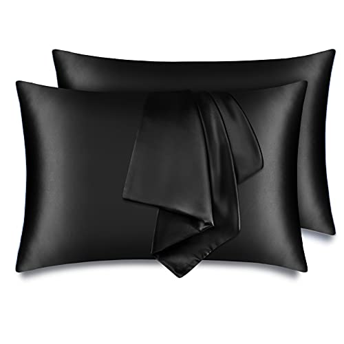 Zenssia Silky Satin Pillow Cases Set of 2, Soft Satin Pillowcases for Hair and Skin, Satin Pillow Covers with Zipper Closure, Queen Size 20x30 Inches, Black