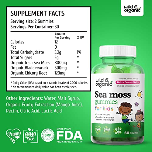 Wild & Organic Sea Moss Gummies Bundle - Superfood Wildcrafted Seamoss Gummy Vitamins for Kids & Adult - Thyroid Health, Digestive & Immune Support Supplements w/ Raw Irish Moss Bladderwrack - 2 Pack