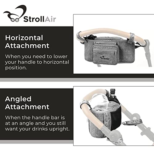 StrollAir - Universal Organizer for Single Strollers β Insulated Cup Holder Console Parent Drink Caddy- Compatible with CosmoS, SOLO, Uppa Baby,Nuna, Baby Jogger, Bumbleride β Grey