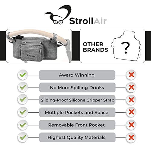 StrollAir - Universal Organizer for Single Strollers β Insulated Cup Holder Console Parent Drink Caddy- Compatible with CosmoS, SOLO, Uppa Baby,Nuna, Baby Jogger, Bumbleride β Grey