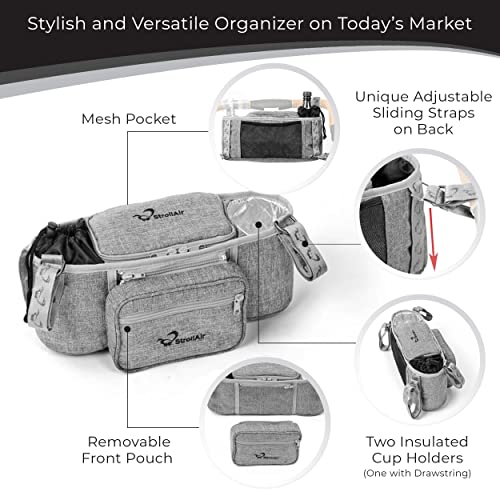 StrollAir - Universal Organizer for Single Strollers β Insulated Cup Holder Console Parent Drink Caddy- Compatible with CosmoS, SOLO, Uppa Baby,Nuna, Baby Jogger, Bumbleride β Grey