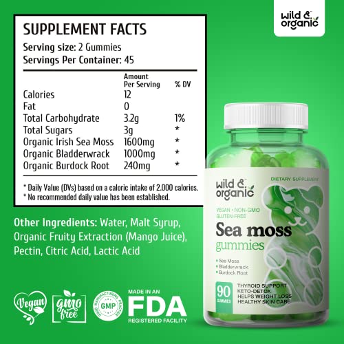 Wild & Organic Sea Moss Gummies Bundle - Superfood Wildcrafted Seamoss Gummy Vitamins for Kids & Adult - Thyroid Health, Digestive & Immune Support Supplements w/ Raw Irish Moss Bladderwrack - 2 Pack
