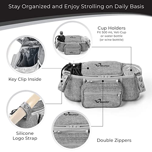 StrollAir - Universal Organizer for Single Strollers β Insulated Cup Holder Console Parent Drink Caddy- Compatible with CosmoS, SOLO, Uppa Baby,Nuna, Baby Jogger, Bumbleride β Grey