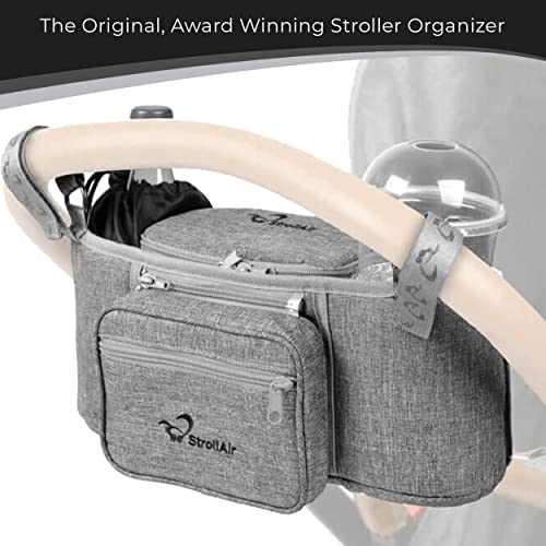 StrollAir - Universal Organizer for Single Strollers β Insulated Cup Holder Console Parent Drink Caddy- Compatible with CosmoS, SOLO, Uppa Baby,Nuna, Baby Jogger, Bumbleride β Grey