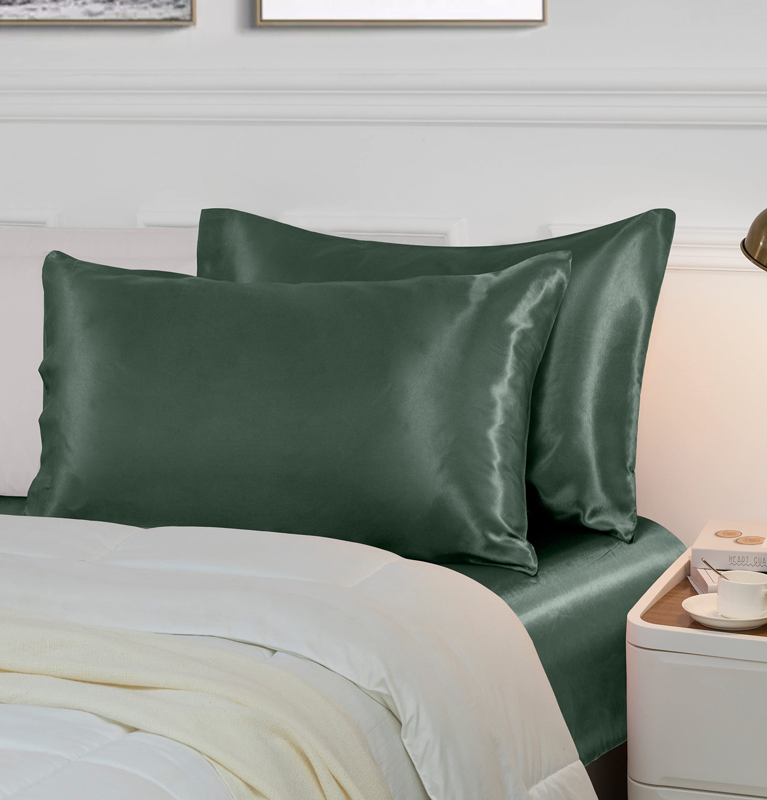 Vonty 2Pcs King Satin Pillowcases - 20x40 Pillow Cases, Forest Green Pillow Cases for Skin Friendly and Hair Protection - Cooling & Silky Satin Pillow Covers with Envelop Closure