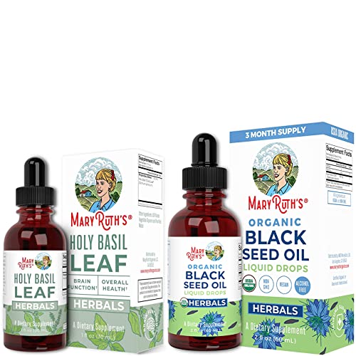 USDA Organic Holy Basil Drops & Black Cumin Seed Oil Bundle by MaryRuth's | Stress Relief | Supports Cognitive Function & Calmness | Antioxidant | Immune Support | Heart Health, Hair, and Skin.