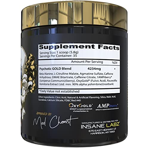 Insane Labz Psychotic Gold, High Stimulant Pre Workout Powder, Extreme Lasting Energy, Focus, Pumps and Endurance with Beta Alanine, DMAE Bitartrate, Citrulline, NO Booster, 35 Srvgs