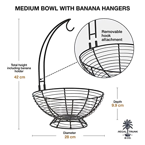 REGAL TRUNK & CO. Fruit Basket for Kitchen, 16.5 Rustic French Farmhouse Black Fruit Bowl with Removable Banana Holder Basket, Ideal to Store your Fruit & Vegetable, Medium Size, Birthday Gift