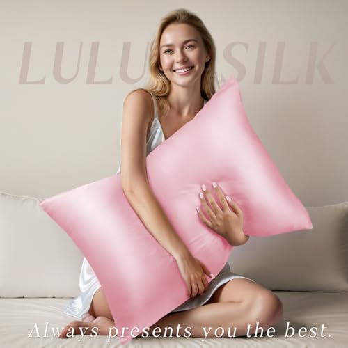 LULUSILK Pink Silk Pillowcase for Hair and Skin, Mulberry Silk Pillow Case with Zipper Closure, Standard Size, Pack of 1
