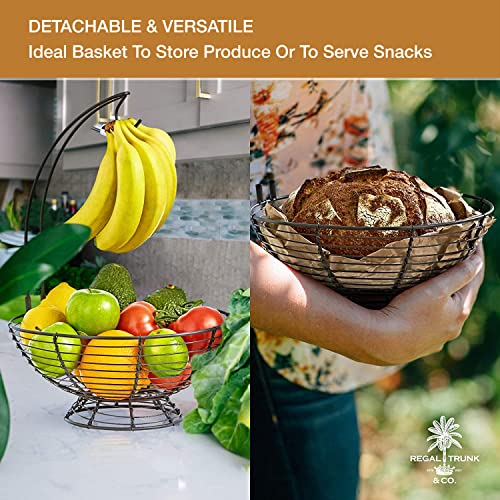 REGAL TRUNK & CO. Fruit Basket for Kitchen, 16.5 Rustic French Farmhouse Black Fruit Bowl with Removable Banana Holder Basket, Ideal to Store your Fruit & Vegetable, Medium Size, Birthday Gift