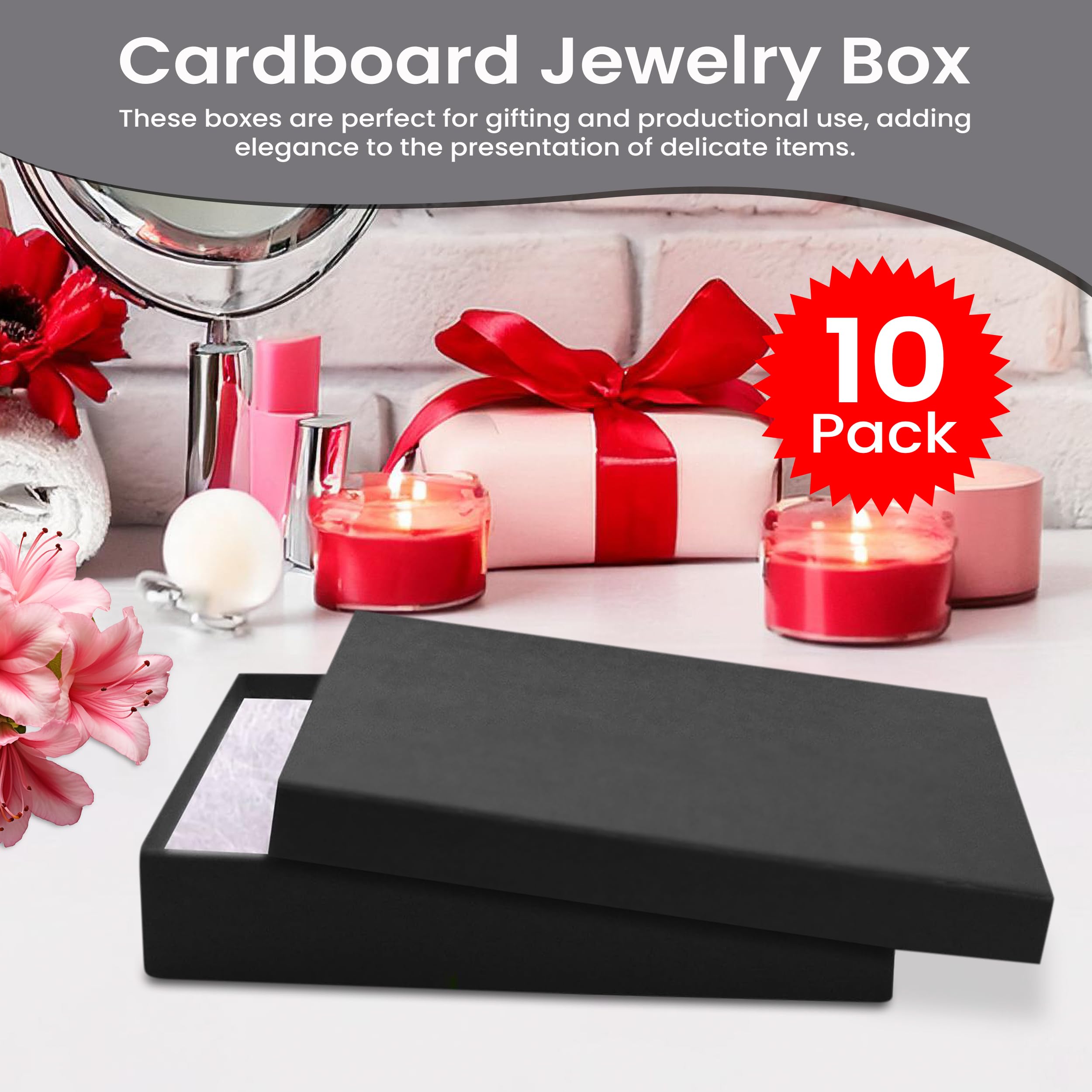 Novel Box 10 Pack Black Jewelry Gift Box 5.5x3.5x1in with Cotton Filled | Cardboard Jewelry Box | Gift Boxes with Lids Made in USA | Boxes for Bracelet Necklace Ring Earrings