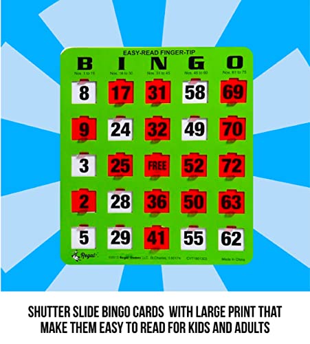 Regal Games - Shutter Slide Bingo Cards Only - 8β x 9β - 5-Ply Green Cardstock - Easy to Read - No Duplicates - Red Sliding Windows - 50-Pack - Perfect for Large Groups, Bulk Purchasing