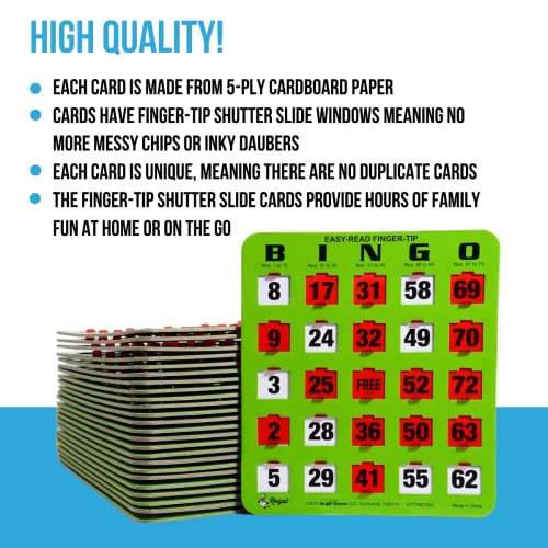 Regal Games - Shutter Slide Bingo Cards Only - 8β x 9β - 5-Ply Green Cardstock - Easy to Read - No Duplicates - Red Sliding Windows - 50-Pack - Perfect for Large Groups, Bulk Purchasing