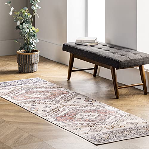 nuLOOM Mae Machine Washable Tribal Motif Runner Rug, 2' 6" x 12', Peach