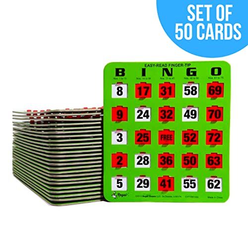 Regal Games - Shutter Slide Bingo Cards Only - 8β x 9β - 5-Ply Green Cardstock - Easy to Read - No Duplicates - Red Sliding Windows - 50-Pack - Perfect for Large Groups, Bulk Purchasing