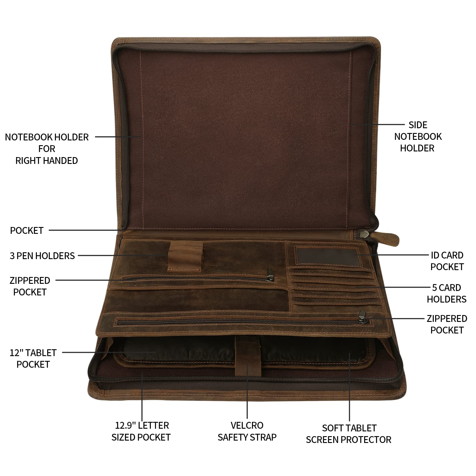 Ringsun Leather Portfolio Organizer with Zipper for Men Women, Leather Padfolio Business Resume Legal Pad Portfolio Notebook Binder for A4/Pad, Leather Folio Leather Folder, Brown