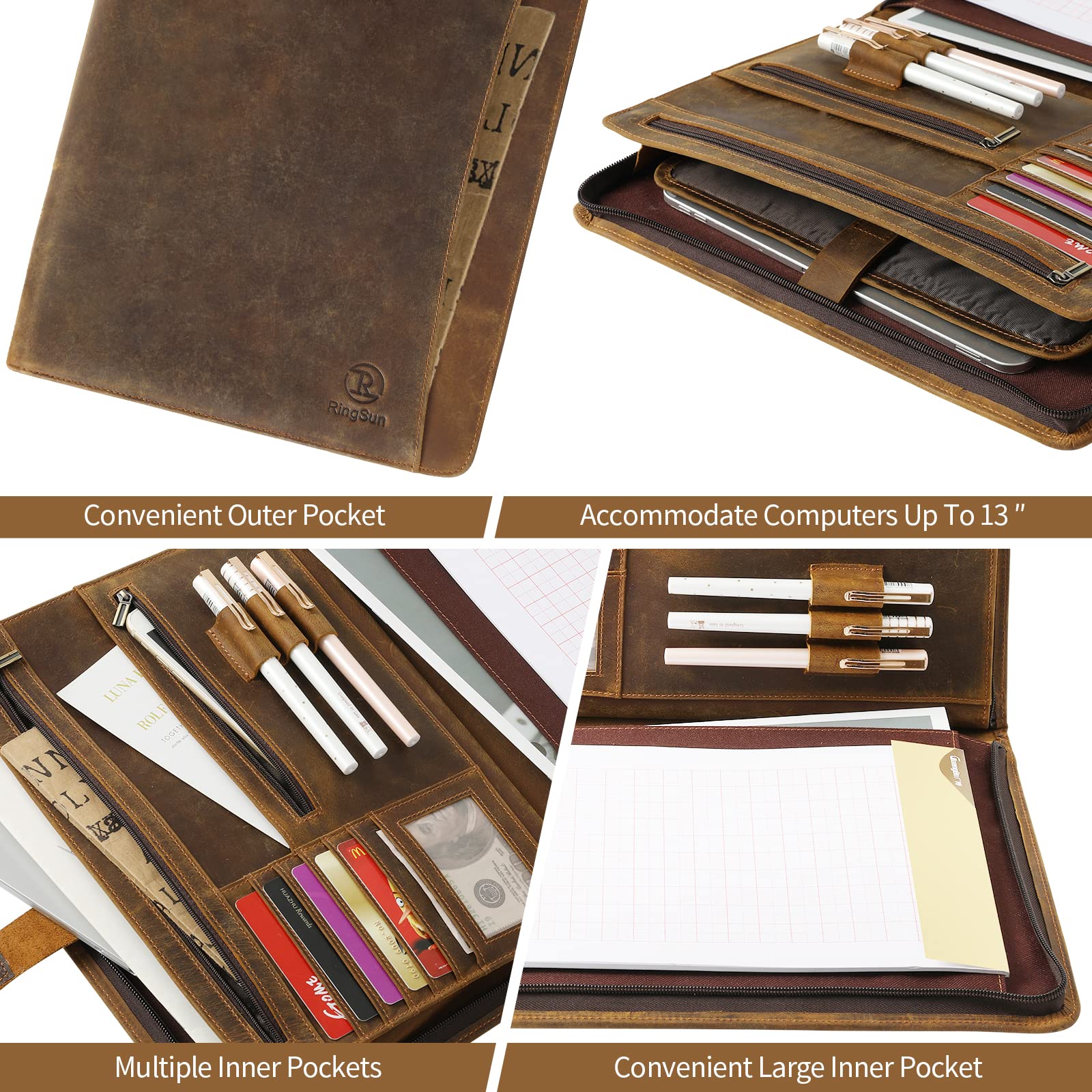 Ringsun Leather Portfolio Organizer with Zipper for Men Women, Leather Padfolio Business Resume Legal Pad Portfolio Notebook Binder for A4/Pad, Leather Folio Leather Folder, Brown