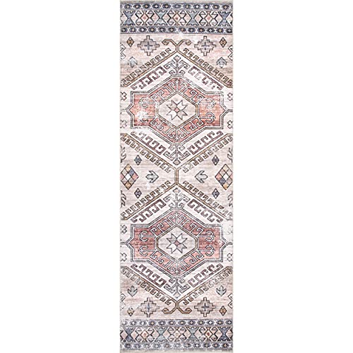 nuLOOM Mae Machine Washable Tribal Motif Runner Rug, 2' 6" x 12', Peach