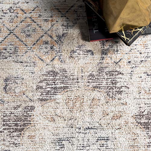 nuLOOM Glenda Machine Washable Faded Medallion Area Rug, 5' x 8', Light Grey