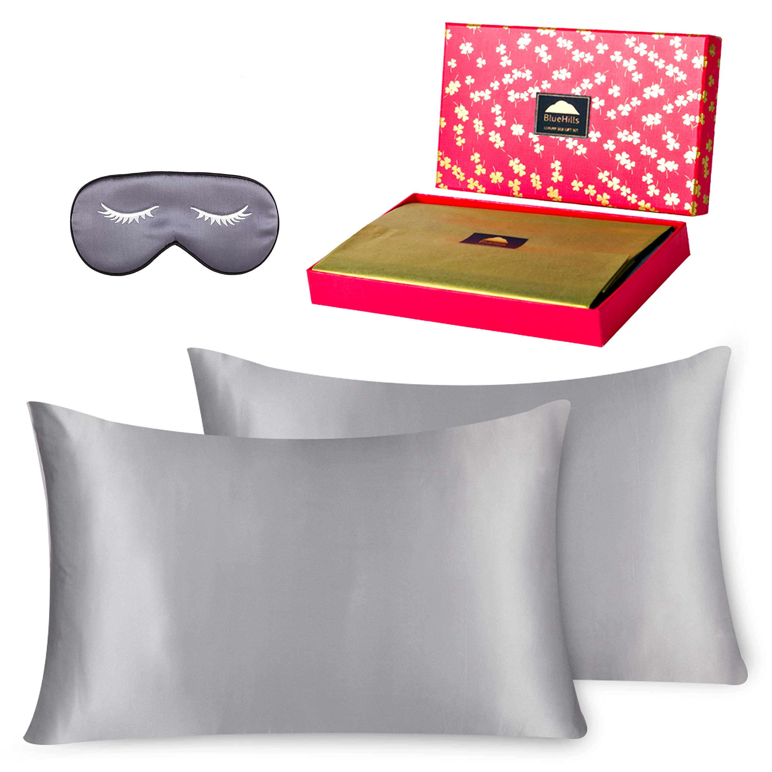 BlueHills 22 Momme 100% Pure Mulberry Natural Soft Both Sides Silk Pillowcase for Hair and Skin Hidden Zipper Luxurious 2 Pack Fine Silk Pillow Cases Gift Set (Gift Pack 3 Piece Queen, Silver Grey)