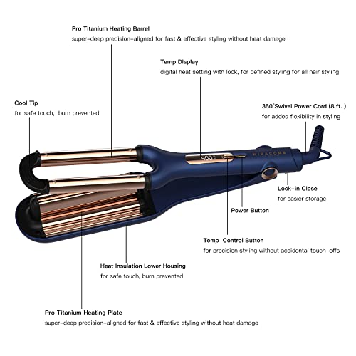 MIRACOMB Ion Titanium Deep Waver Smart Crimping Iron Hair Crimper, Digital Heat Settings, Auto Off, Dual Voltage, Royal Blue