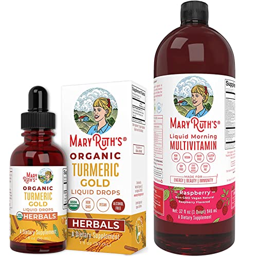 Turmeric Gold Drops & Morning Multivitamin (Raspberry) Bundle | USDA Organic Herbal Liquid for Immune & Digestive Support | Liquid Vitamins for Immune Support & Overall Wellness