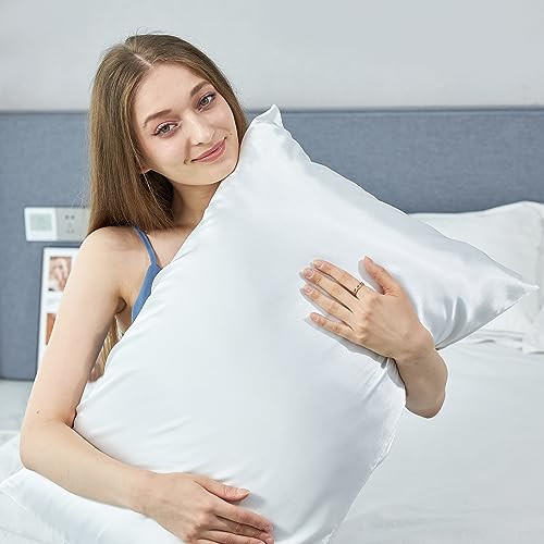 Vreysilkus Satin Pillowcase 2 Pack,White Standard Size Silk Pillowcase with Hidden Zipper, Super Soft for Hair and Skin, 20 * 26 Inches
