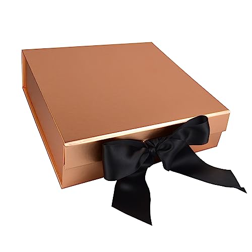 PACK2PACK Luxury Foldable Gift Box with Fixed Ribbon | Collapsible Box with Magnetic Closure | Weddings, Bridal Showers, Corporate Gifts | 100% Recycled Paper (Square, Metallic Copper)