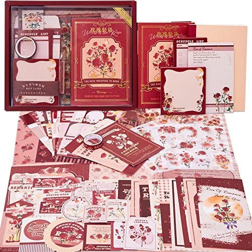 Scrapbooking Supplies Kit, Vintage Rose Aesthetic Scrapbook Kit for Bullet Junk Journal, Stationery, A6 Grid Notebook, Flower DIY Journaling Supplies, Birthday Craft Gift Teen Girl Kid Women