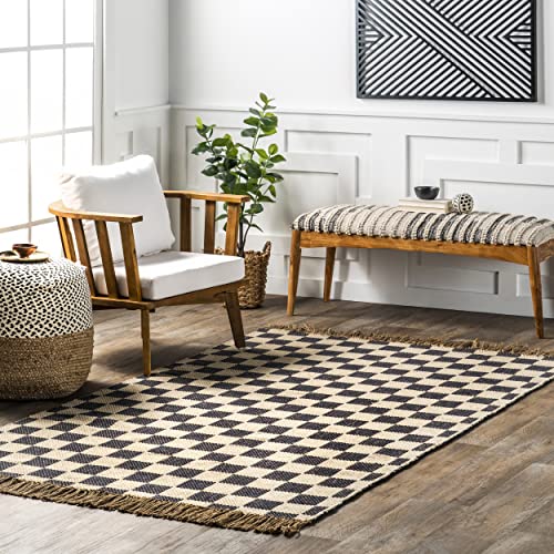nuLOOM Connie Checkered Wool/Jute Tasseled Area Rug, 5' x 8', Grey