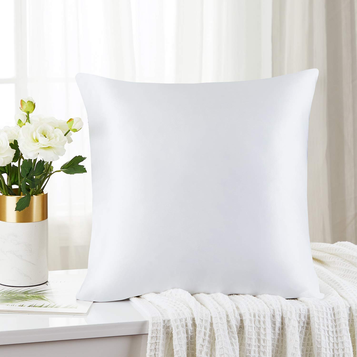 Mellanni Pure Silk Throw Pillowcase - Perfect for Hair and Skin, Preventing Wrinkles - Easy Care - Naturally Cooling Silk Pillow Cover with Hidden Zipper (Throw, White)