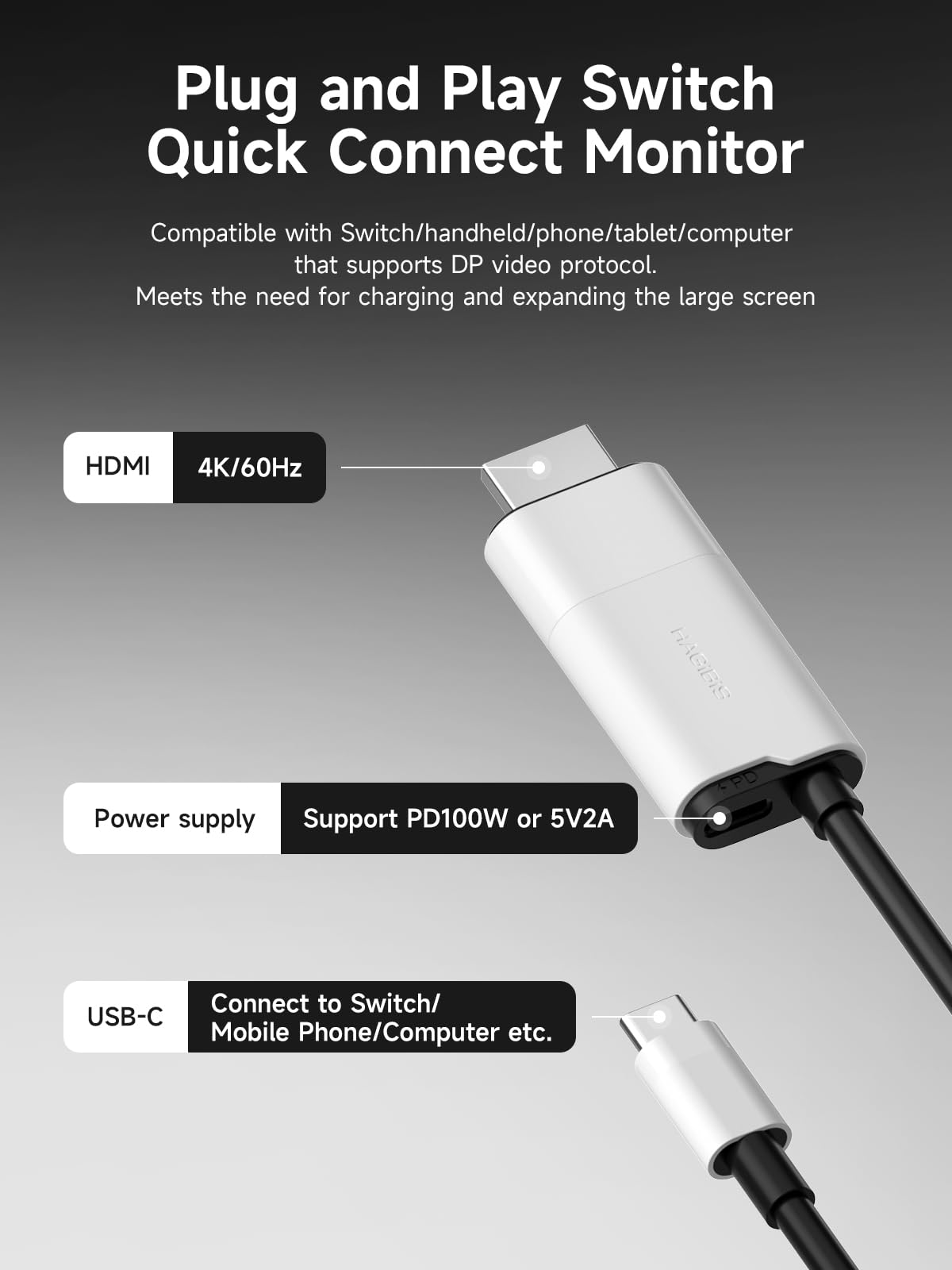 Hagibis Switch Dock for Nintendo Switch OLED, USB C to HDMI Cable Adapter with 4K@60Hz HDMI, 100W Power Delivery, Type-C to HDMI Adapter for Laptop, Tablet, SteamDeck, ROG Ally (White 60Hz)