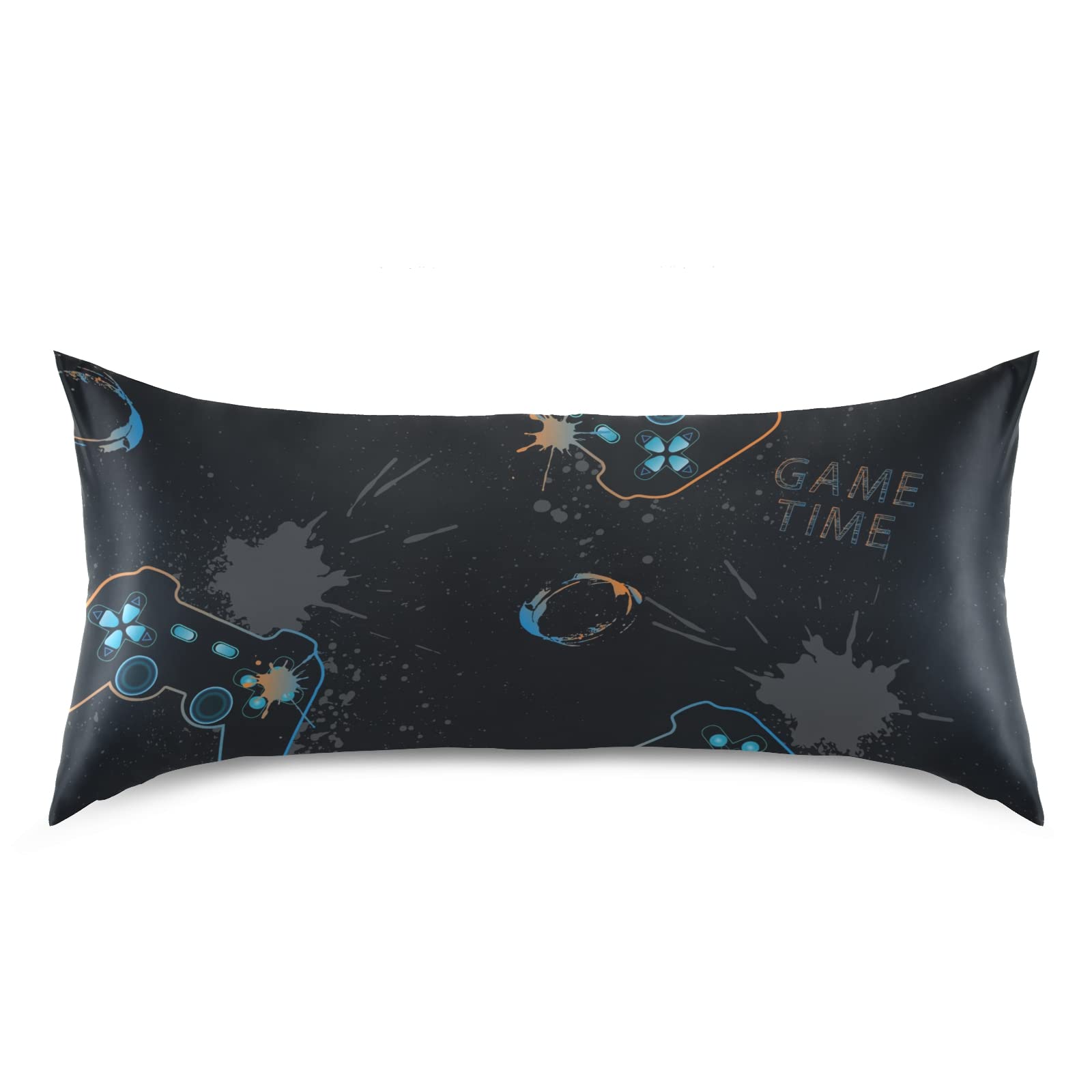 Oyihfvs Seamless Video Game Gamepad Joysticks in Black Blue Neon on Black Silky Satin Pillowcase for Hair and Skin, Soft Bed Pillow Cover, Decorative Silk Pillow Cases, King Size 20x40 inches