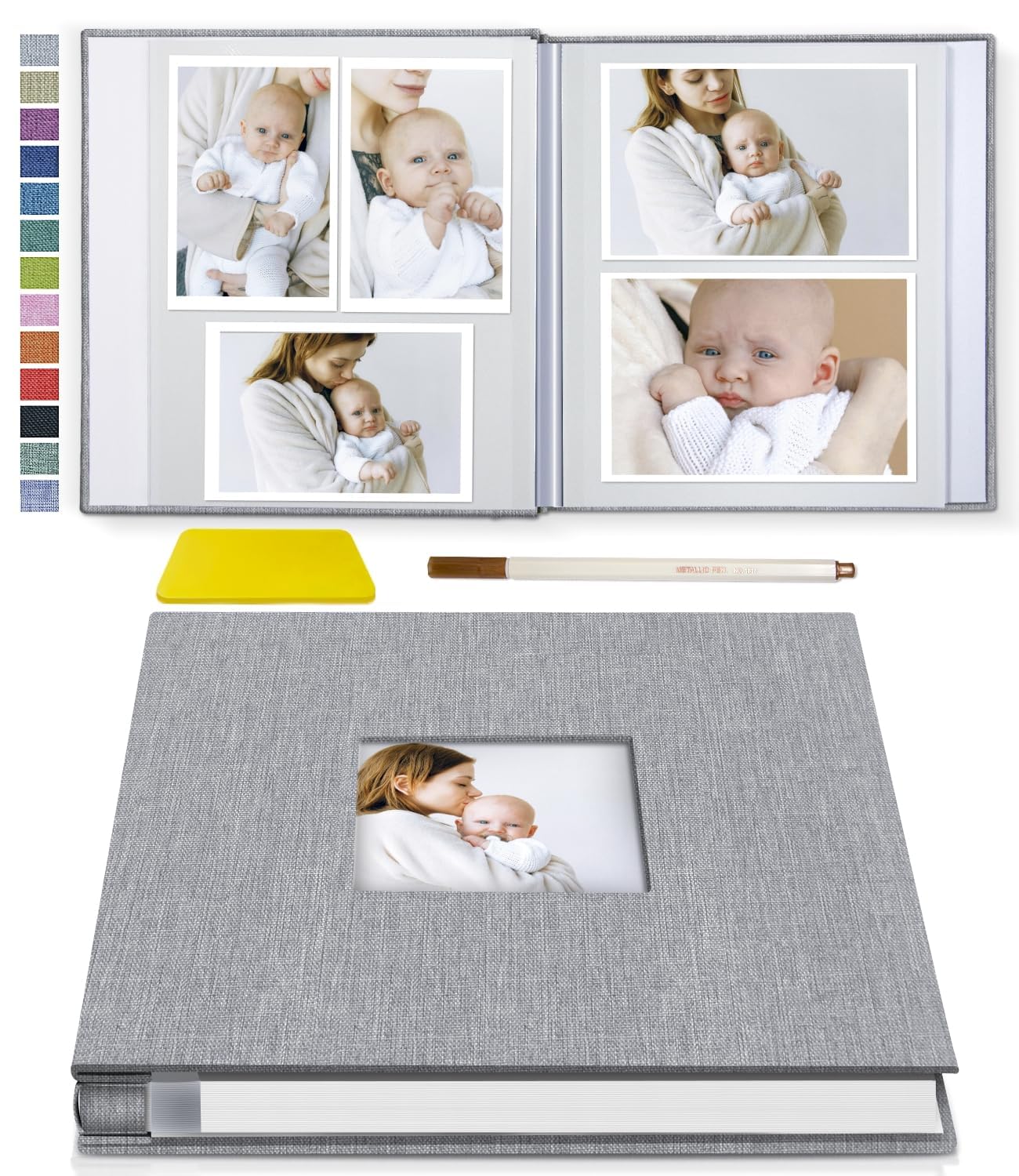 Popotop Photo Album Self Adhesive with Picture Display Window,40 Pages DIY Baby Memory Book for 4x6 8x10 Picture,Linen Cover Scrapbook for Wedding,with Scraper and Metallic Pen