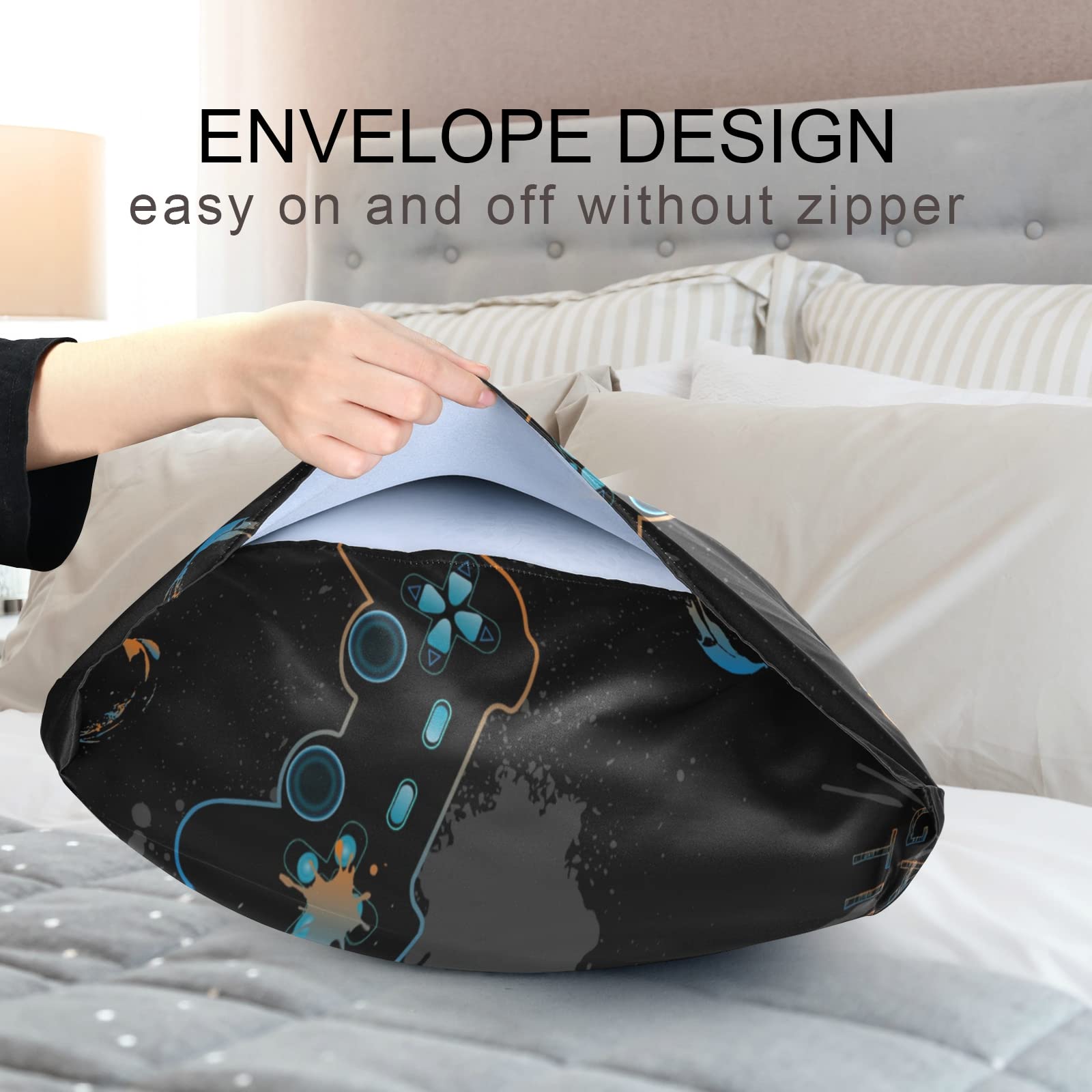 Oyihfvs Seamless Video Game Gamepad Joysticks in Black Blue Neon on Black Silky Satin Pillowcase for Hair and Skin, Soft Bed Pillow Cover, Decorative Silk Pillow Cases, King Size 20x40 inches