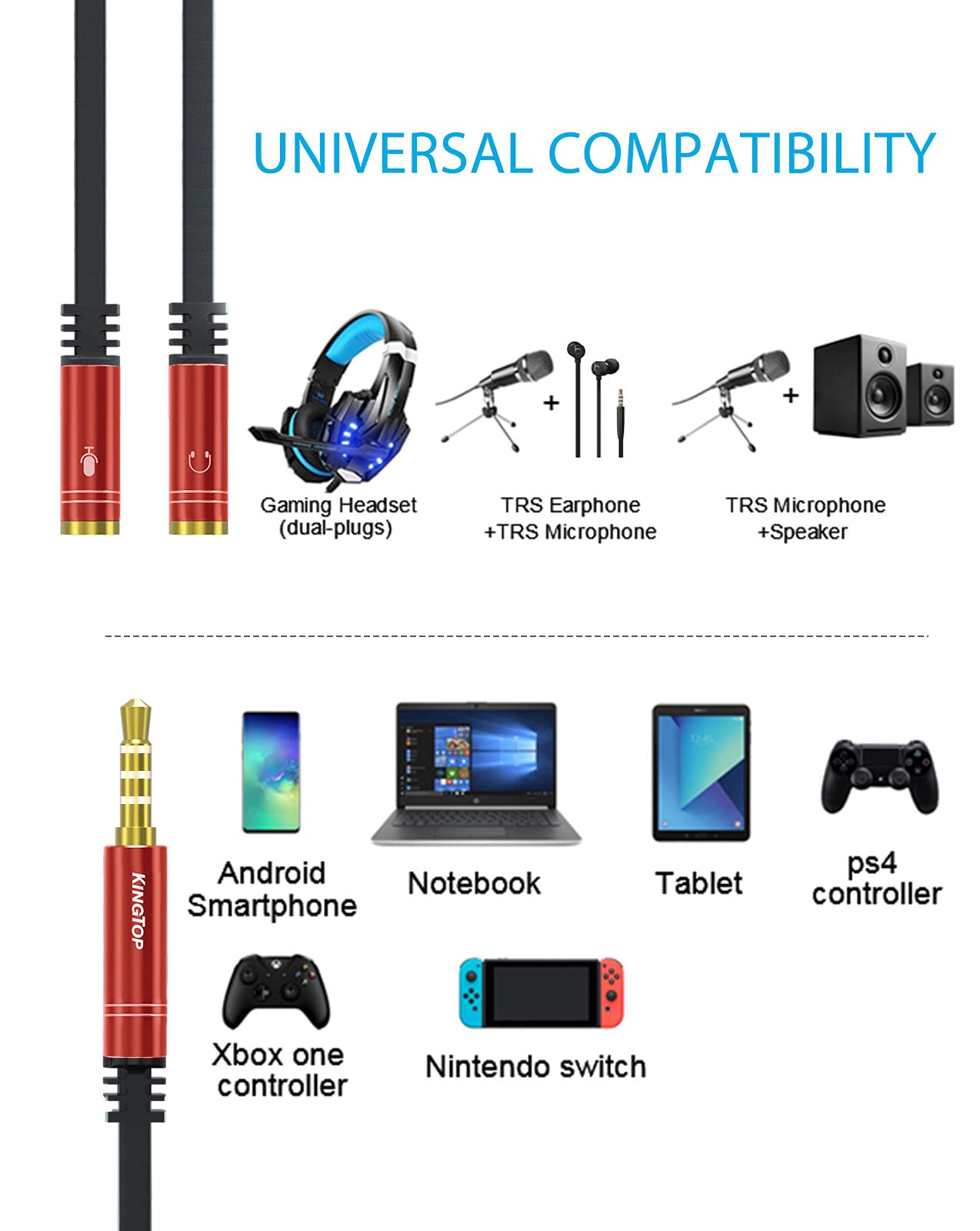 KINGTOP 3.5mm Combo Audio Adapter Cable Compatible for PS4,PS5,Xbox One S,Switch,Tablet,Mobile Phone,PC Gaming Headsets and New Version Laptop (Red)