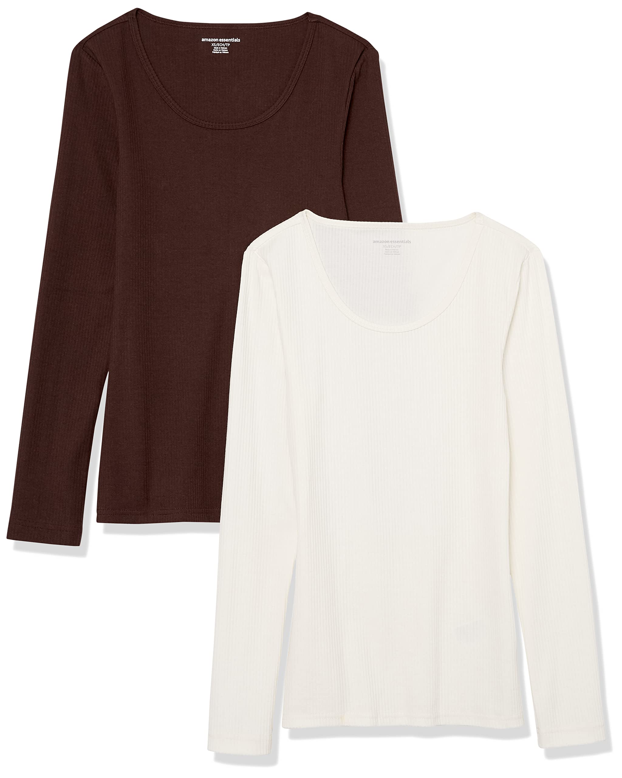 Amazon Essentials Sweater for Women, Long Sleeve Slim-Fit Rib Scoop Neck (Available in Plus Size), Pack of 2, Eggshell White/Espresso, X-Large