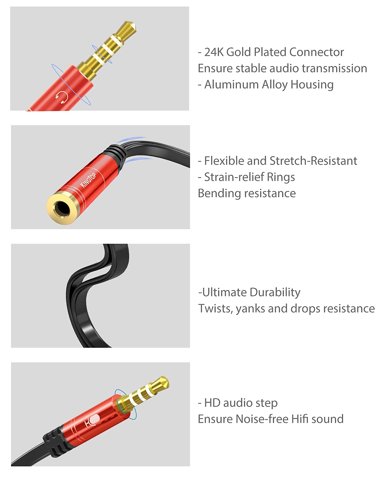 KINGTOP 3.5mm Combo Audio Adapter Cable Compatible for PS4,PS5,Xbox One S,Switch,Tablet,Mobile Phone,PC Gaming Headsets and New Version Laptop (Red)