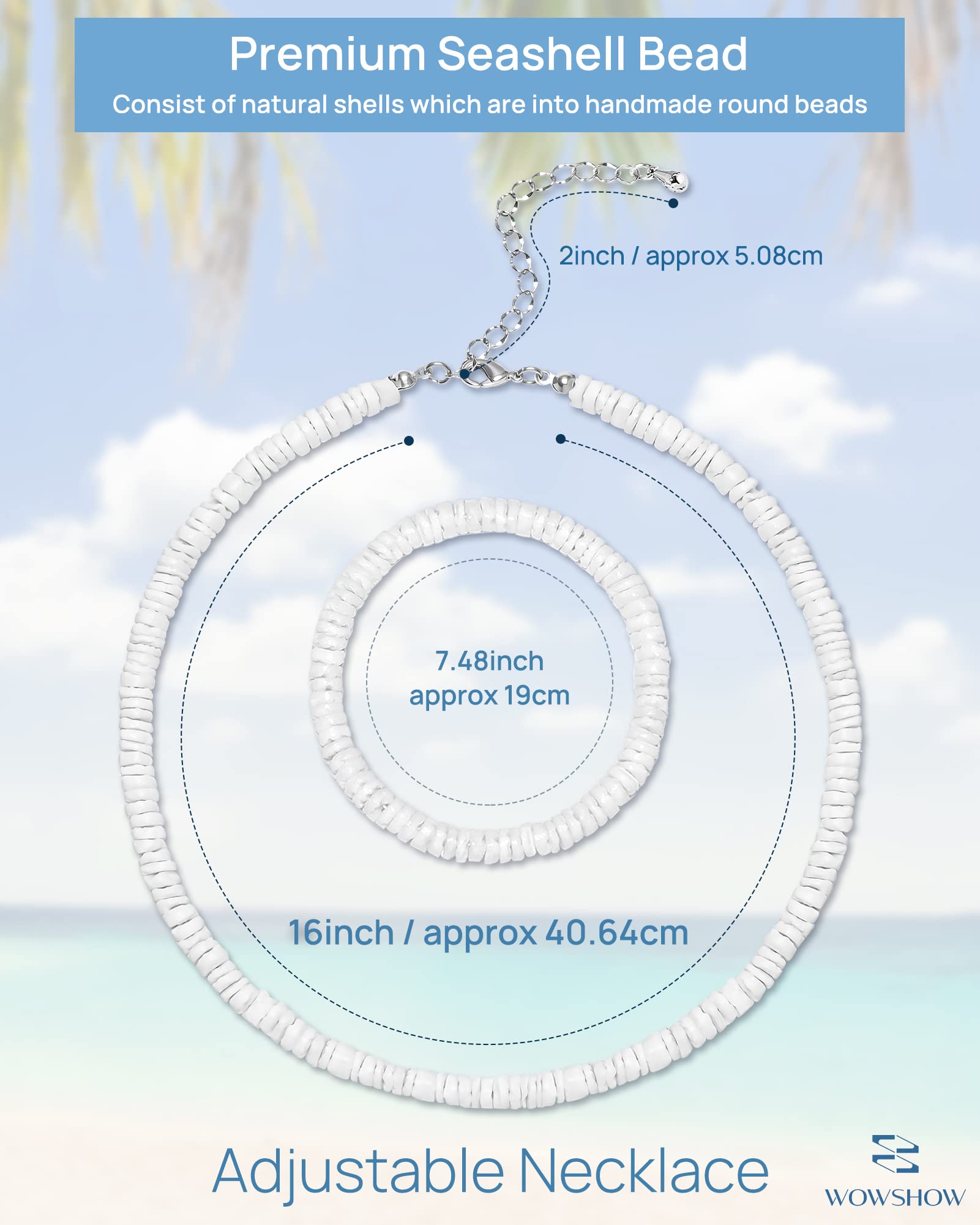 Wowshow Shell Necklace, Puka Shell Necklace for Men Women Seashell Choker Necklace Smooth Shell Surfer Bracelets Summer Necklace 14 Inches