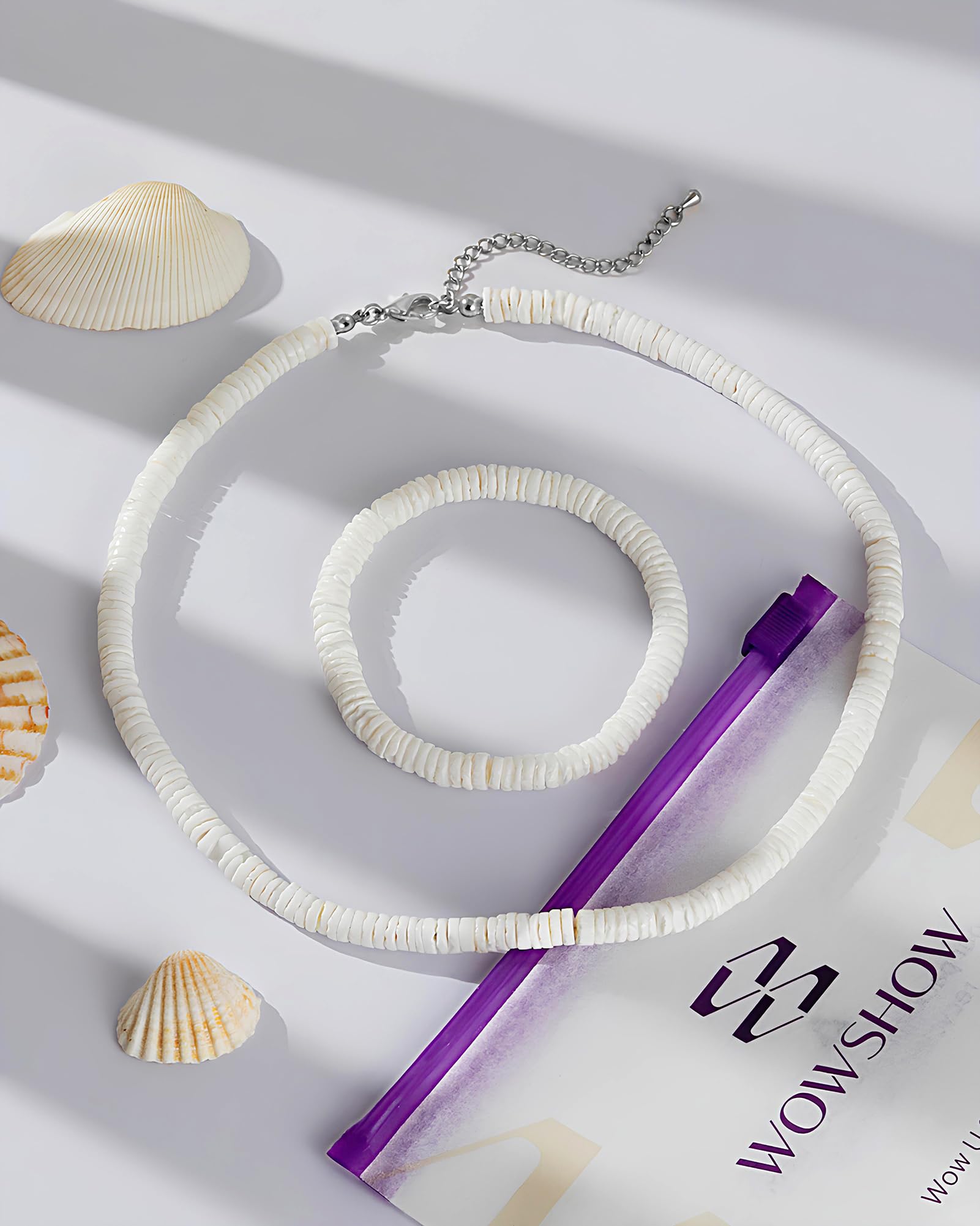 Wowshow Shell Necklace, Puka Shell Necklace for Men Women Seashell Choker Necklace Smooth Shell Surfer Bracelets Summer Necklace 14 Inches