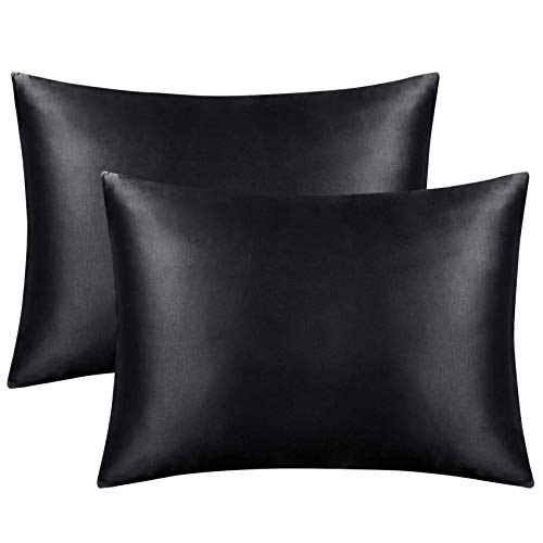 FLXXIE 2 Pack Zipped Satin Standard Pillowcases for Hair and Skin, Silky and Super Soft (20"x26") Zippered Satin Pillow Cases, Black, 20x26 Inches