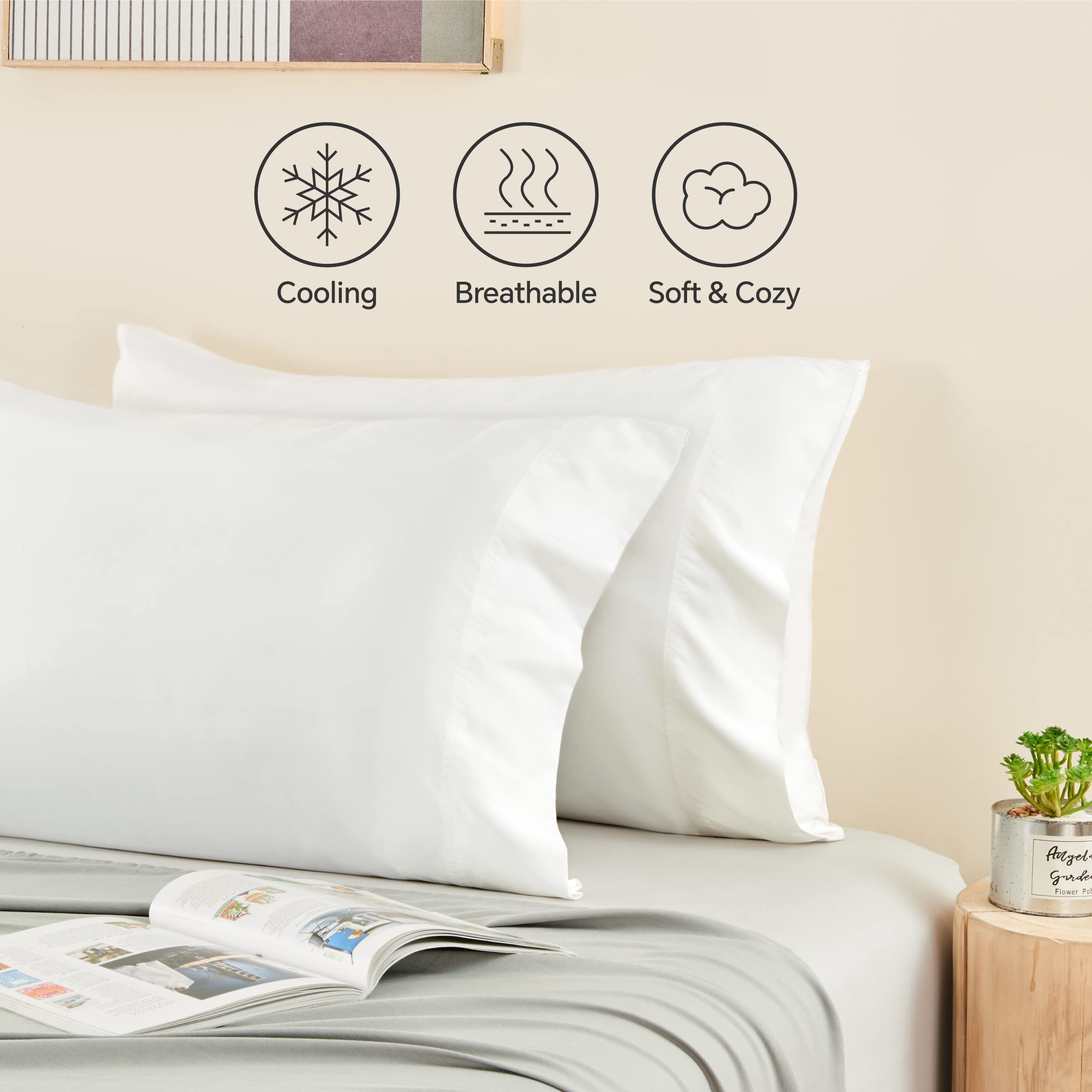 BEDELITE White Pillow Cases Queen Size Set of 2, Rayon Derived from Bamboo,Cooling Pillow Cases for Hot Sleepers & Night Sweats, Breathable and Silky Soft Envelope Pillowcases, 20"x30"