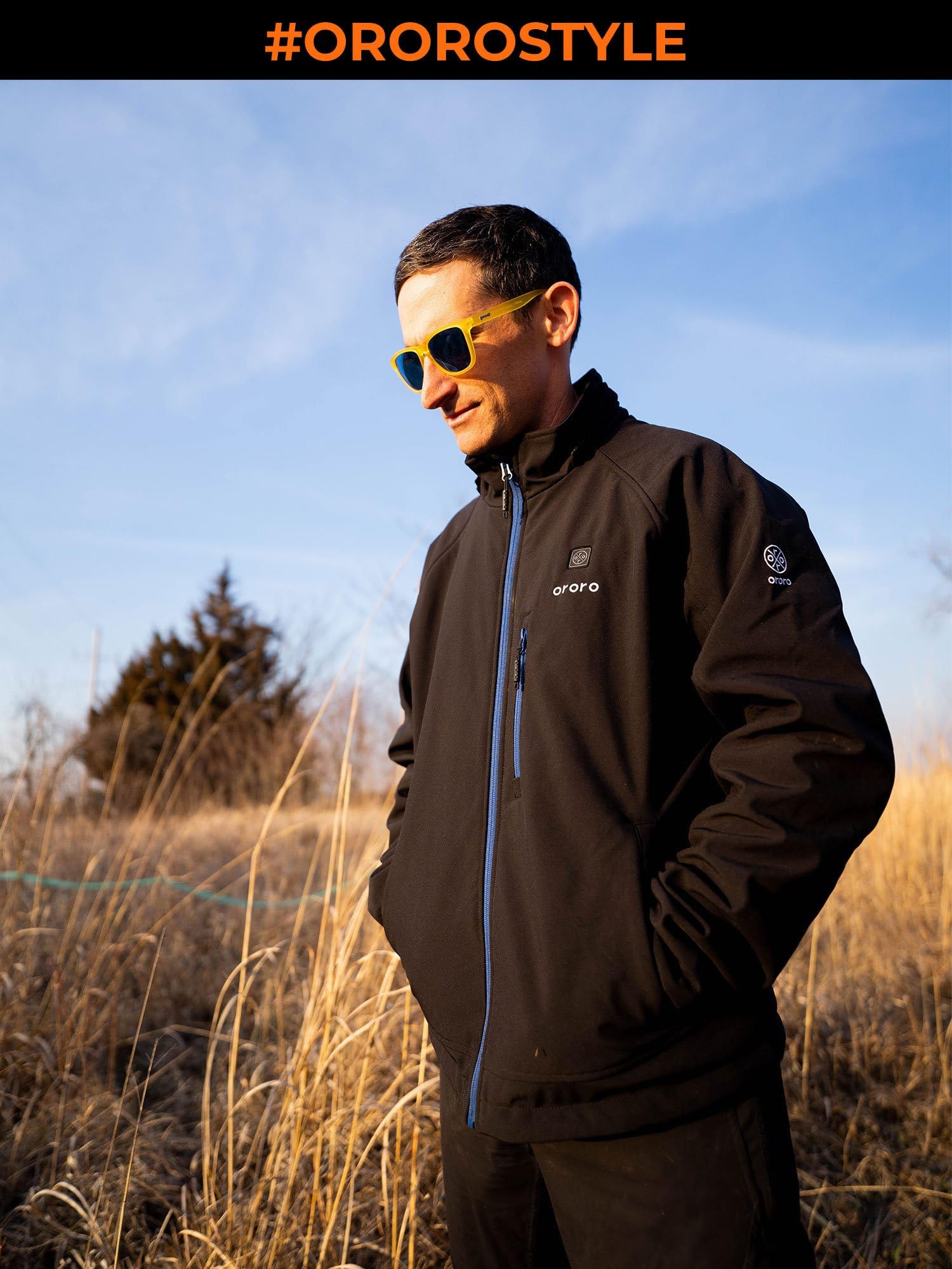 ORORO Men's 4 Heat-Zone Heated Jacket with Battery, Soft Shell Heated Jacket with Detachable Hood (Black/Blue, 2XL) (Charger Not Included)