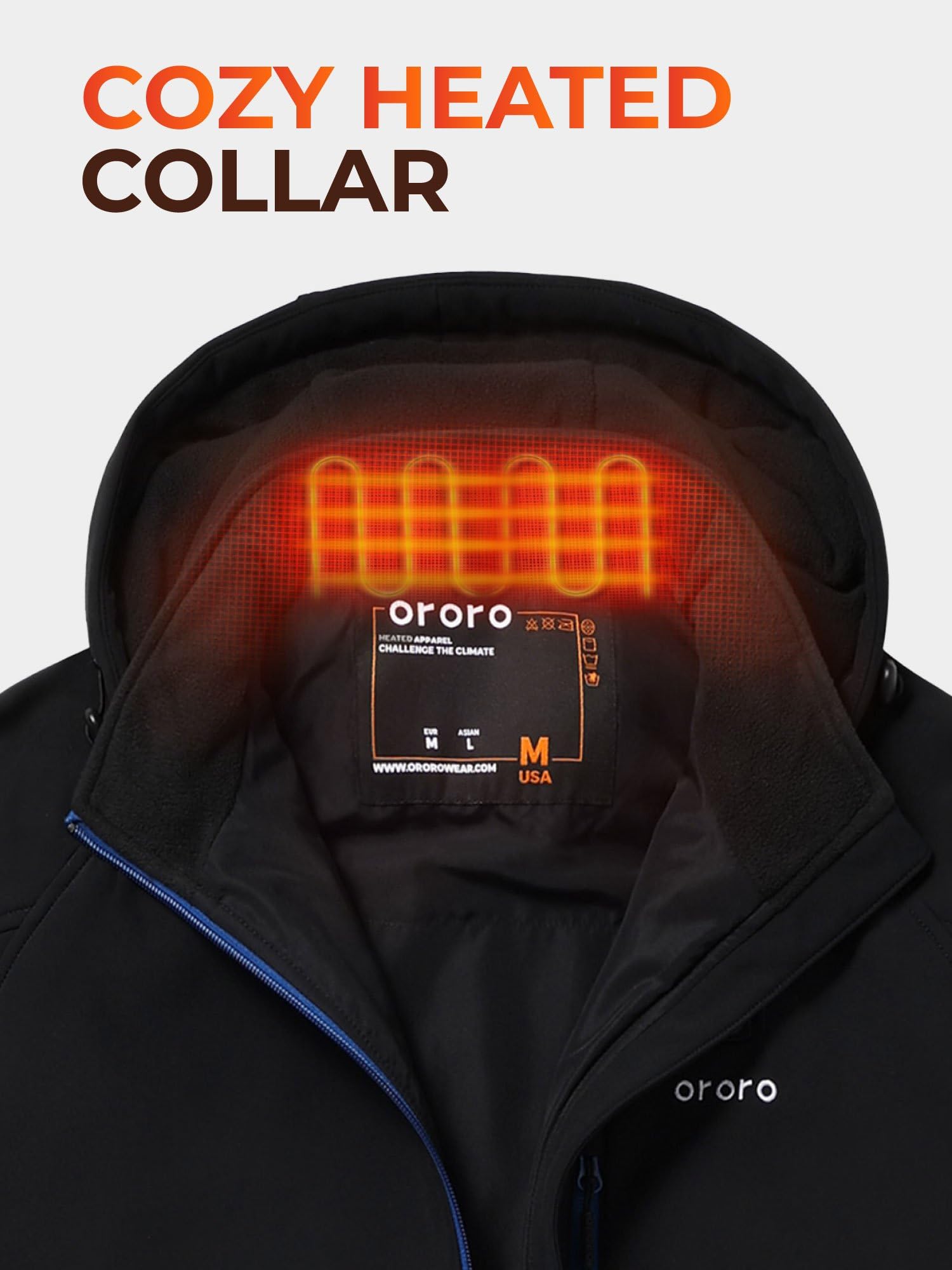ORORO Men's 4 Heat-Zone Heated Jacket with Battery, Soft Shell Heated Jacket with Detachable Hood (Black/Blue, 2XL) (Charger Not Included)