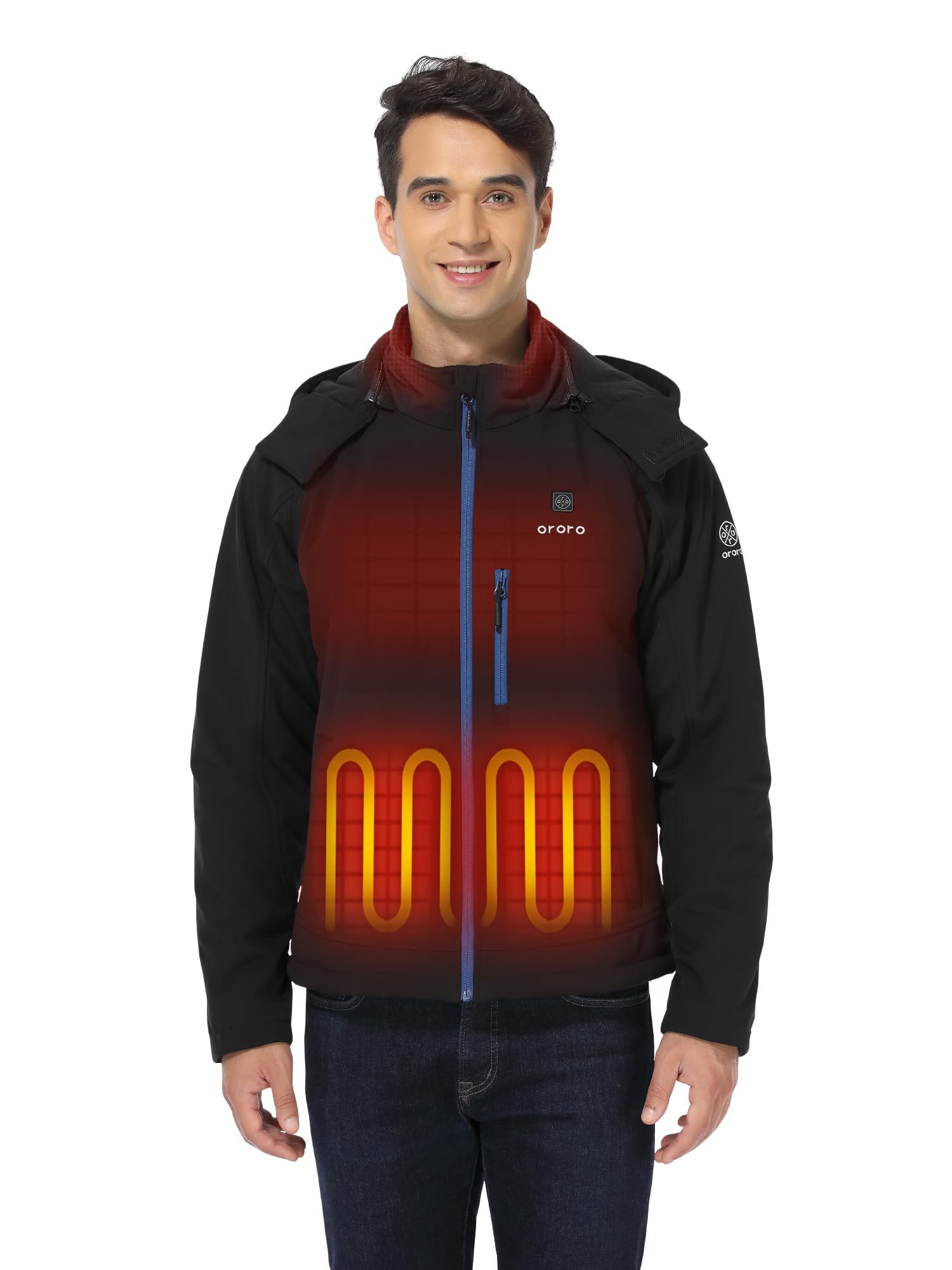ORORO Men's 4 Heat-Zone Heated Jacket with Battery, Soft Shell Heated Jacket with Detachable Hood (Black/Blue, 2XL) (Charger Not Included)