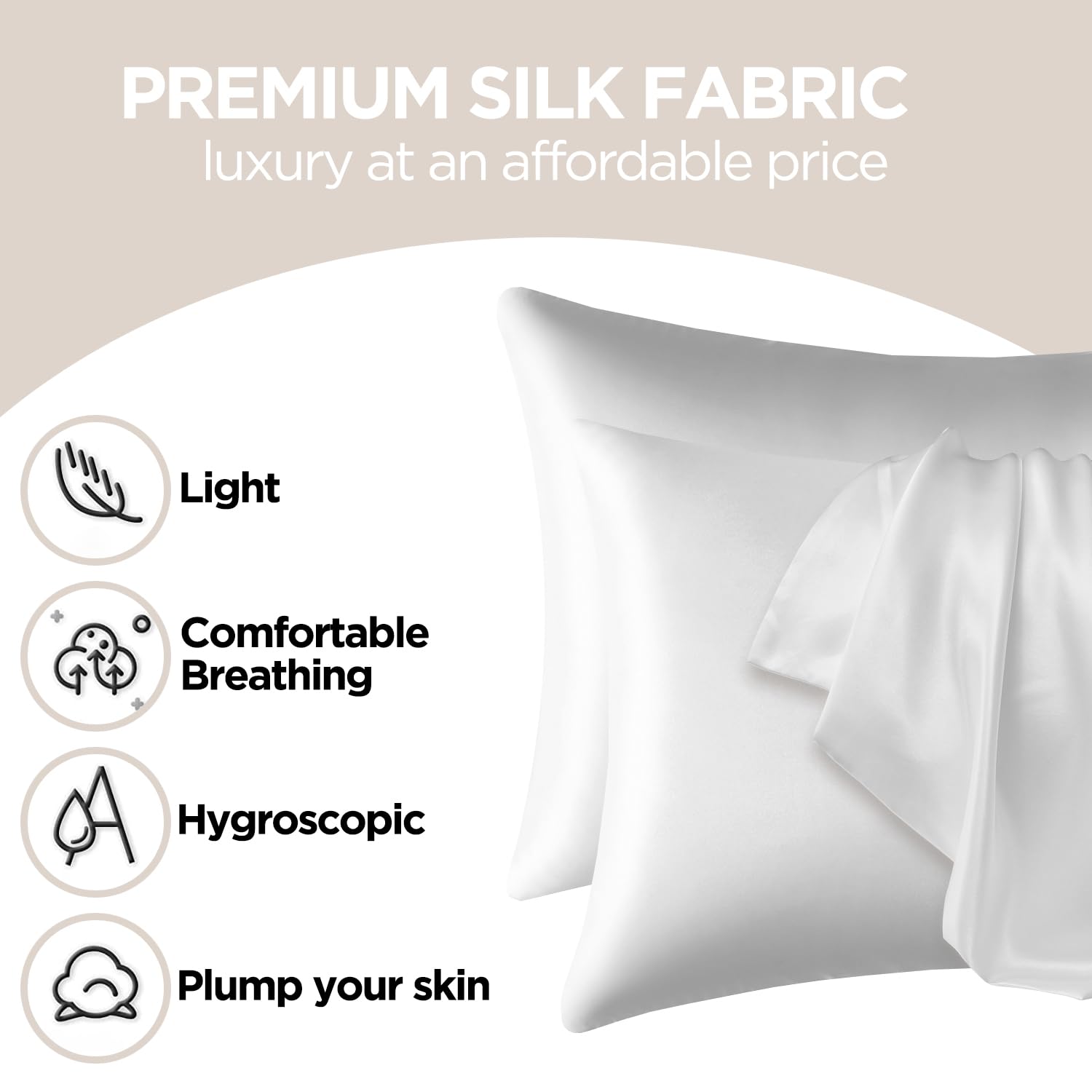TSSPLUS Satin Pillow Cases Standard Size, White Pillow Cases, White Bed, Cooling Pillow, Soft Pillow, Similar to Silk Pillow Cases, Room Decor, Gifts for Women, Gifts for Men (Standard, Ivory)