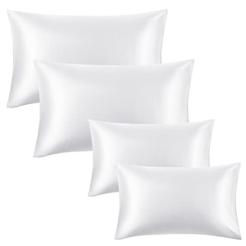 Satin Pillowcase for Hair and Skin, Silky Soft Satin Pillowcase for Women Hair Set of 4, Standard+Queen Silk Pillow Cases, Satin Pillowcase with Envelope Closure (White, 20x26 Inches+20x30 Inches)